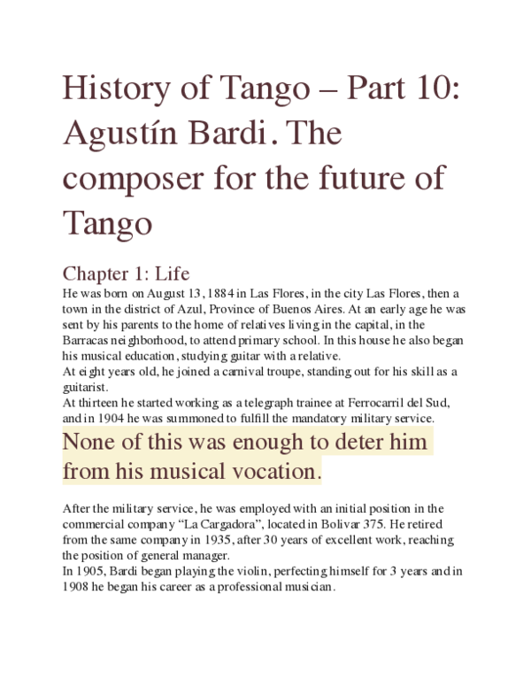 (PDF) History of Tango – Part 10: Agustín Bardi. The composer for the future of Tango