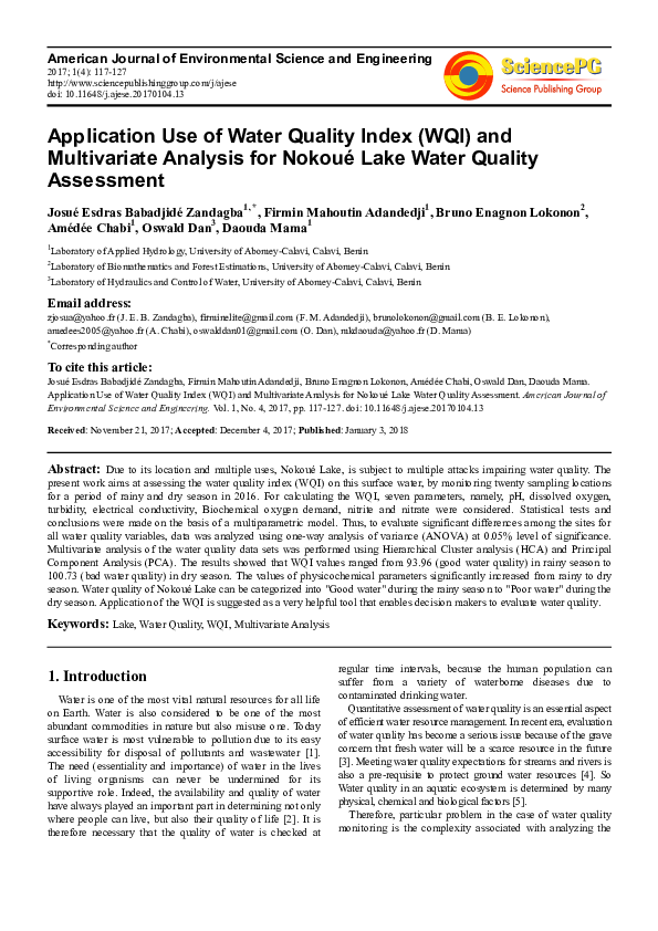(PDF) Application Use of Water Quality Index (WQI) and Multivariate Analysis for Nokoué Lake ...