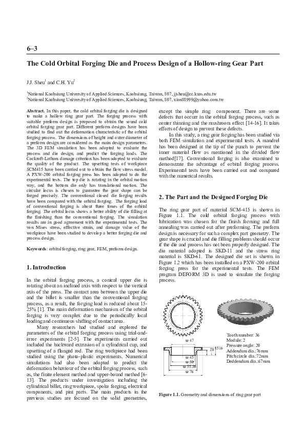 (PDF) The Cold Orbital Forging Die and Process Design of a Hollow-ring Gear Part