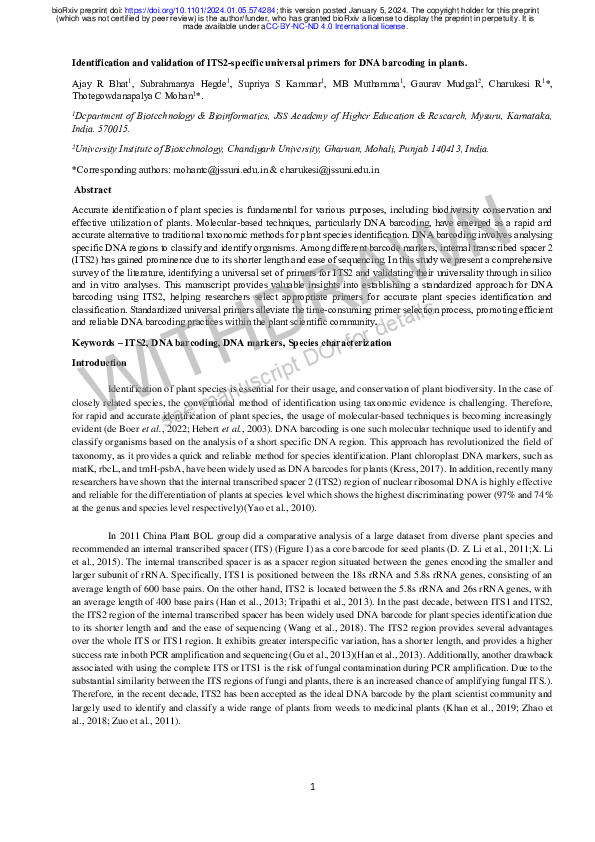 (PDF) Identification and validation of ITS2-specific universal primers ...