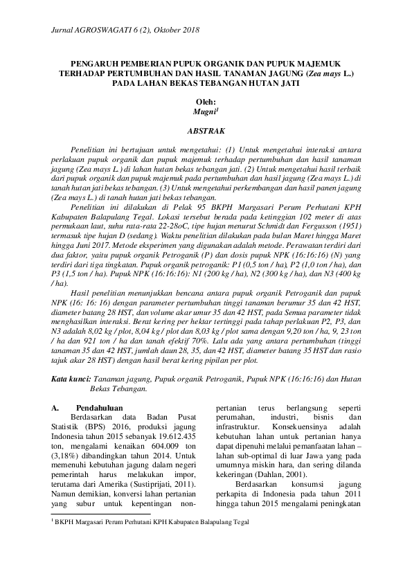 (PDF) PENGARUH PEMBERIAN PUPUK ORGANIK DAN PUPUK MAJEMUK TERHADAP PERTUMBUHAN DAN HASIL TANAMAN ...