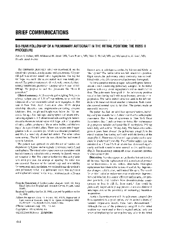 (PDF) Six-year follow-up of a pulmonary autograft in the mitral ...