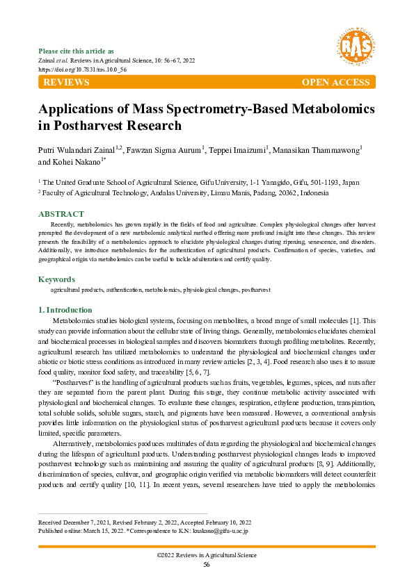 (PDF) Applications of Mass Spectrometry-Based Metabolomics in Postharvest Research