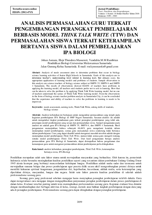(PDF) Analisis Permasalahan Guru Terkait Pengembangan Perangkat Pembelajaran Berbasis Model ...