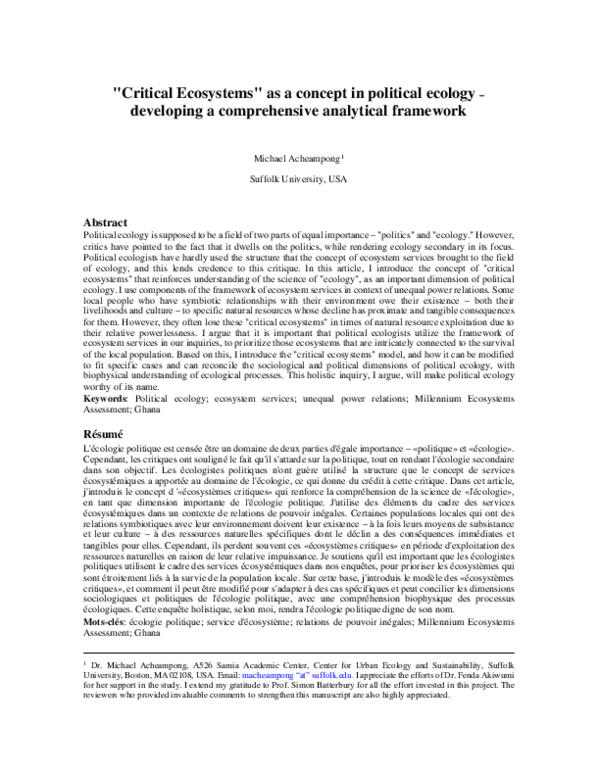 (PDF) Critical Ecosystems" as a concept in political ecology ...