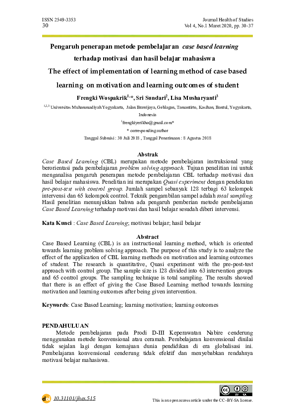 (PDF) Pengaruh penerapan metode pembelajaran case based learning terhadap motivasi dan hasil ...