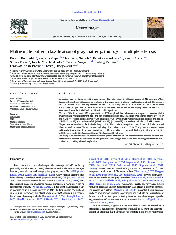 (PDF) Multivariate pattern classification of gray matter pathology in multiple sclerosis