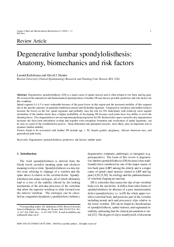 (PDF) Degenerative lumbar spondylolisthesis: Anatomy, biomechanics and risk factors