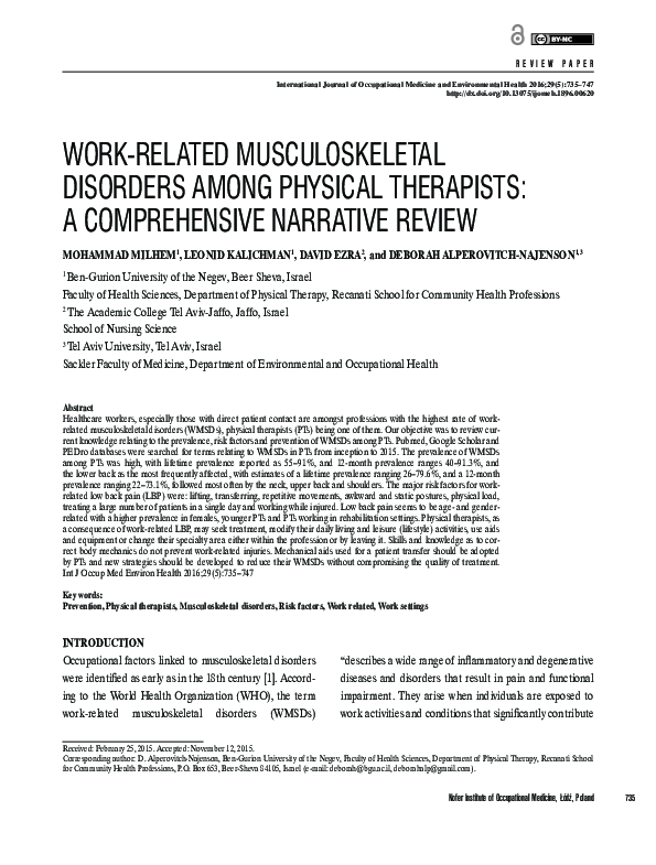 (PDF) Work-related musculoskeletal disorders among physical therapists ...