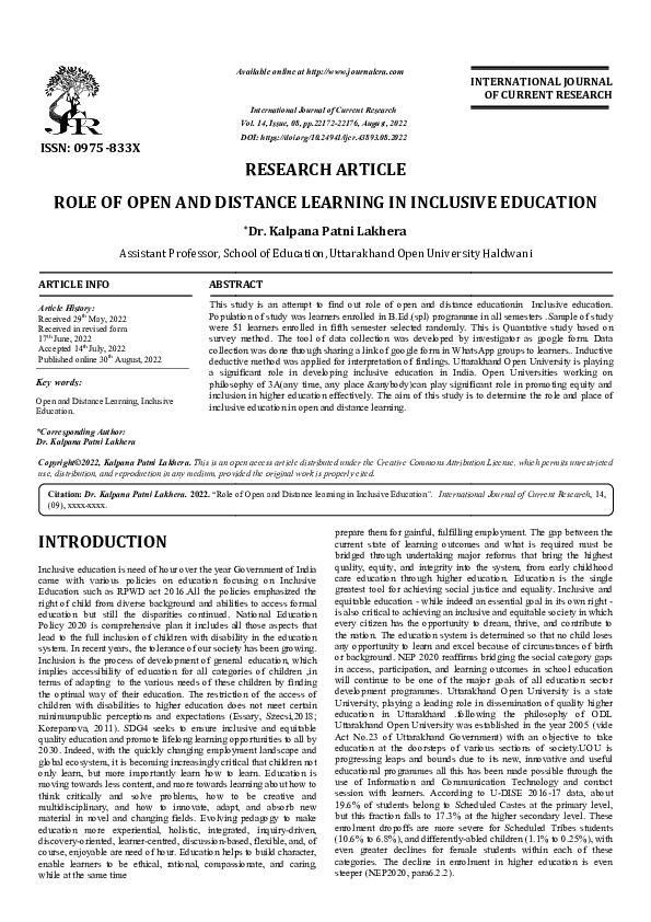 (PDF) ROLE OF OPEN AND DISTANCE LEARNING IN