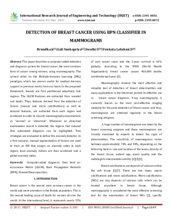 Detection Of Breast Cancer Using Bpn Classifier In Mammograms