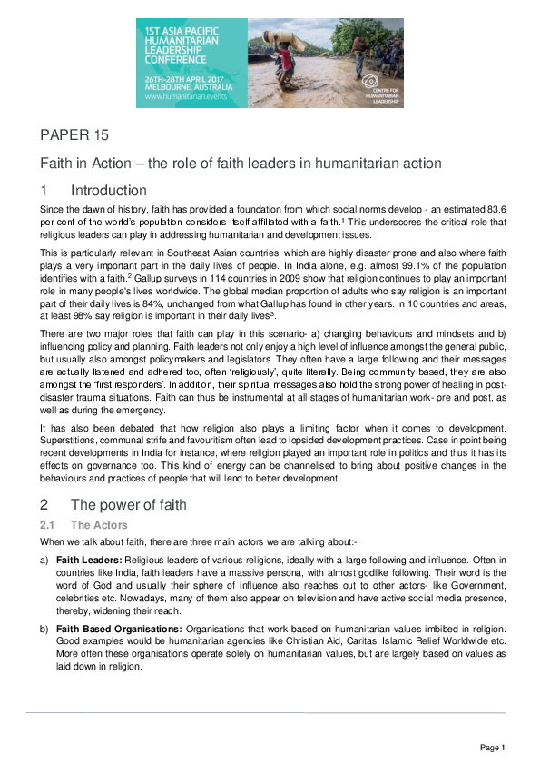 (PDF) Faith in Action – the role of faith leaders in humanitarian action
