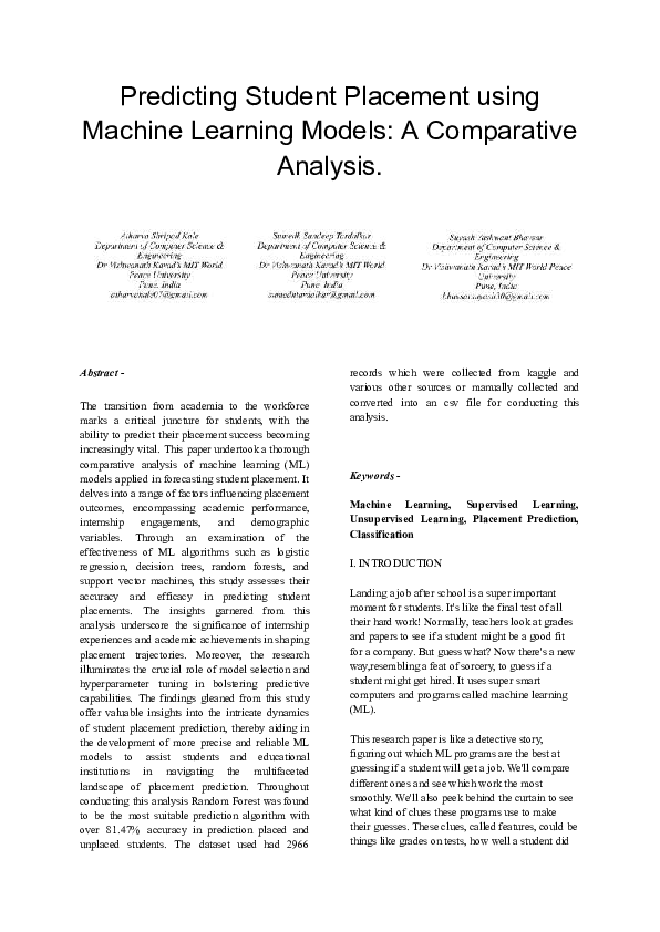 (PDF) Predicting Student Placement using Machine Learning Models: A Comparative Analysis