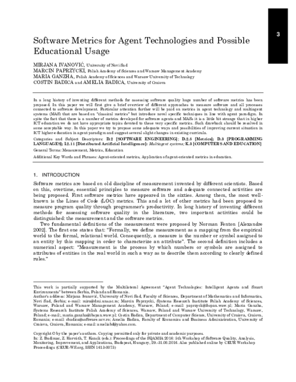 (PDF) Software Metrics for Agent Technologies and Possible Educational ...