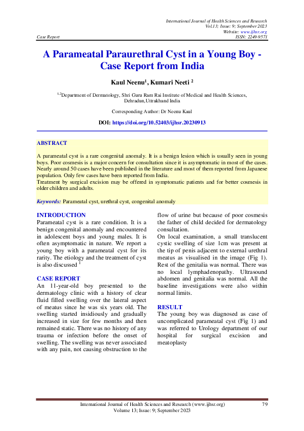 (PDF) A Parameatal Paraurethral Cyst in a Young Boy -Case Report from India