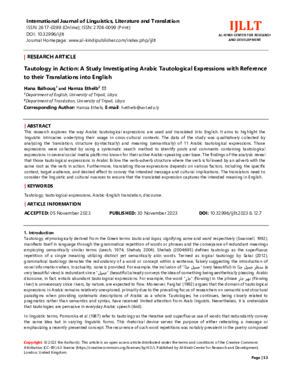 (PDF) Tautology in Action: A Study Investigating Arabic Tautological ...