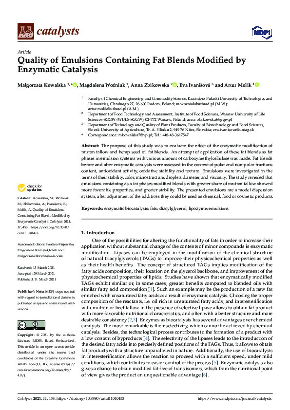 (PDF) Quality of Emulsions Containing Fat Blends Modified by Enzymatic ...