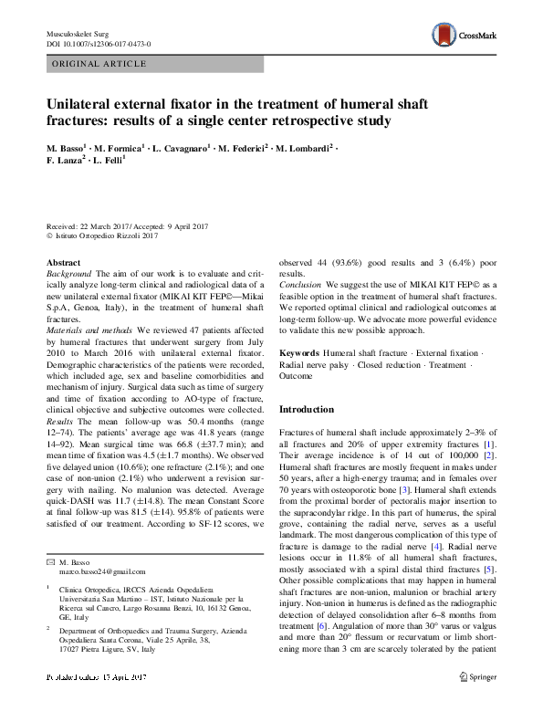 (PDF) Unilateral external fixator in the treatment of humeral shaft ...