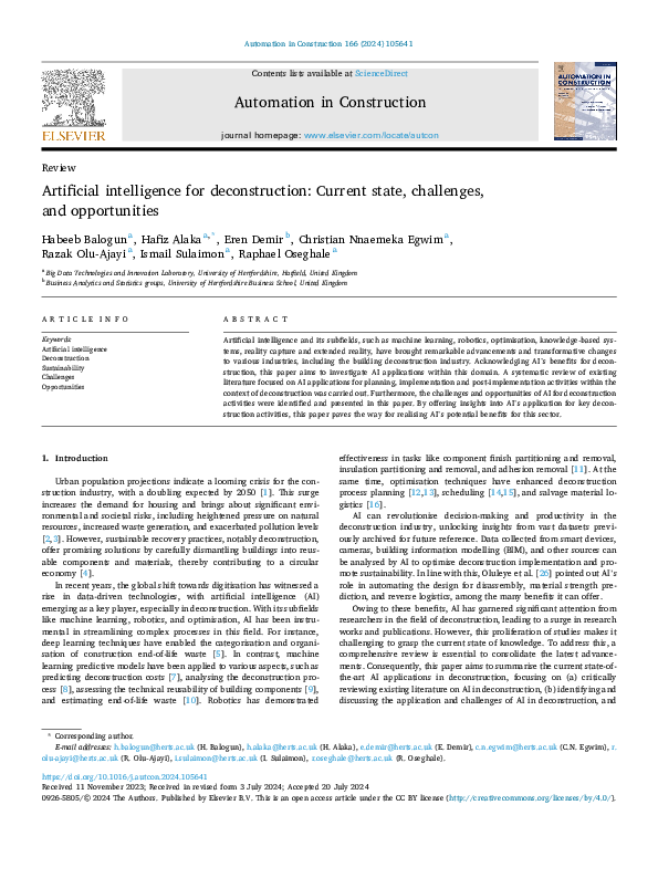 (PDF) Artificial intelligence for deconstruction: Current state ...
