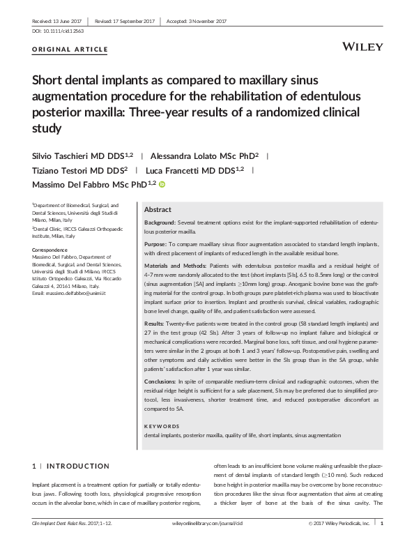 (PDF) Short dental implants as compared to maxillary sinus augmentation procedure for the ...