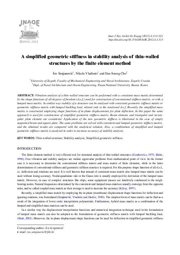 (PDF) A simplified geometric stiffness in stability analysis of thin ...