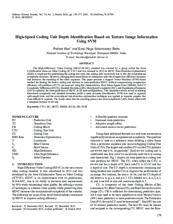 (PDF) High Speed Coding Unit Depth Identification Based on Texture Image Information Using SVM