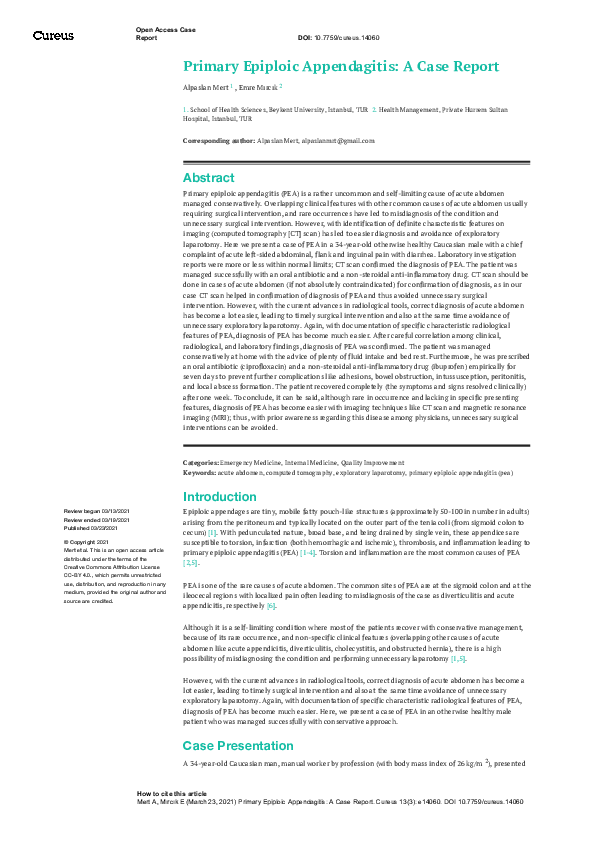 (PDF) Primary Epiploic Appendagitis: A Case Report