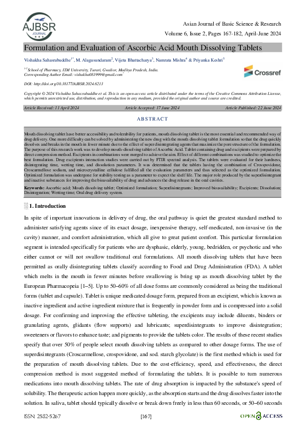 (PDF) Formulation and Evaluation of Ascorbic Acid Mouth Dissolving Tablets