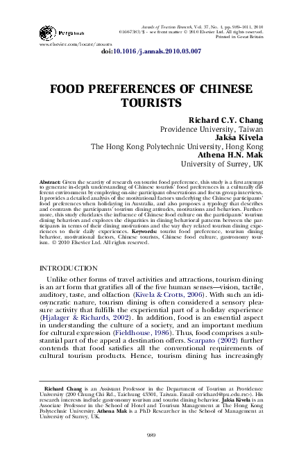 (PDF) Food preferences of Chinese tourists