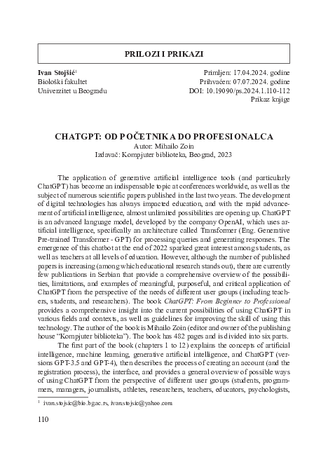 (PDF) Prikaz knjige: "CHATGPT: OD POČETNIKA DO PROFESIONALCA"