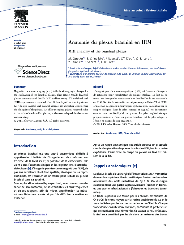 (PDF) Anatomie du plexus brachial en IRM