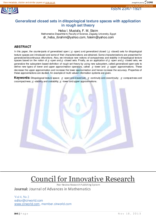 (PDF) Generalized closed sets in ditopological texture spaces with application in rough set theory