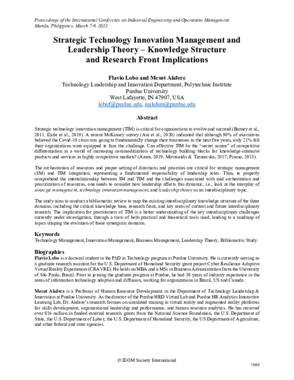 (PDF) Strategic Technology Innovation Management and Leadership Theory ...