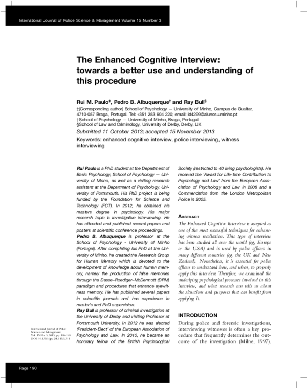 (PDF) The Enhanced Cognitive Interview: Towards a Better Use and ...