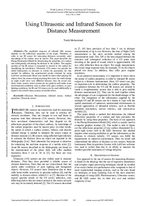(PDF) Using Ultrasonic and Infrared Sensors for Distance Measurement