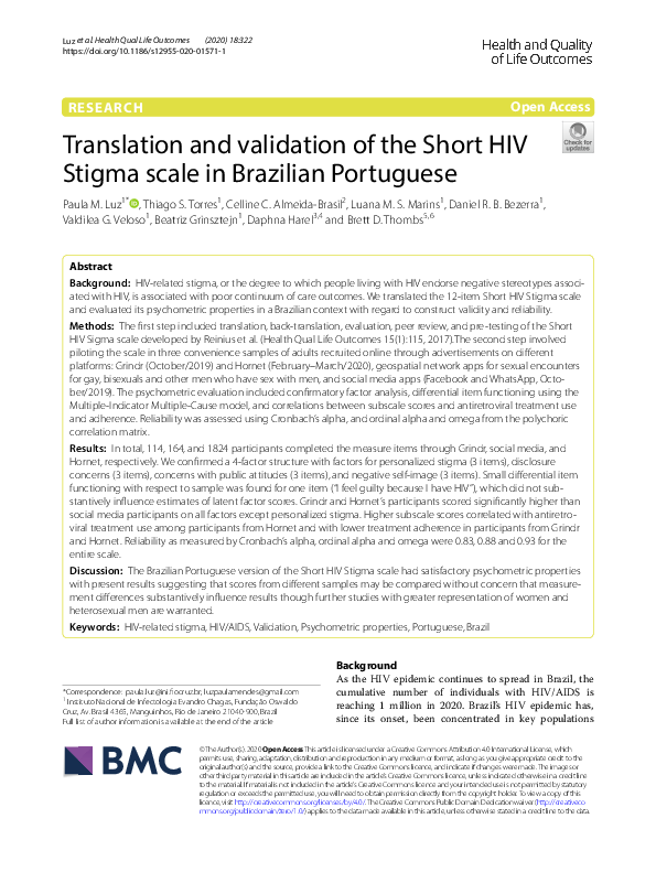 (PDF) Translation and validation of the Short HIV Stigma scale in ...