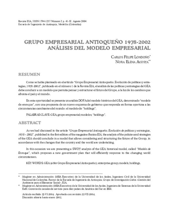 (PDF) Grupo Empresarial Antioqueño 1978-2002 Análisis Del Modelo Empresarial