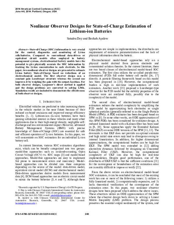Pdf Nonlinear Observer Designs For State Of Charge Estimation Of Lithium Ion Batteries