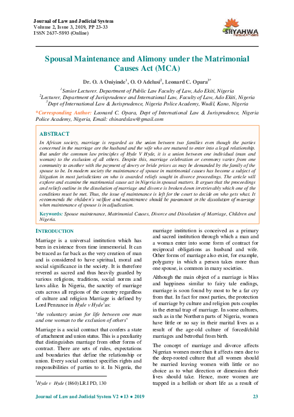 (PDF) Spousal Maintenance and Alimony under the Matrimonial Causes Act ...
