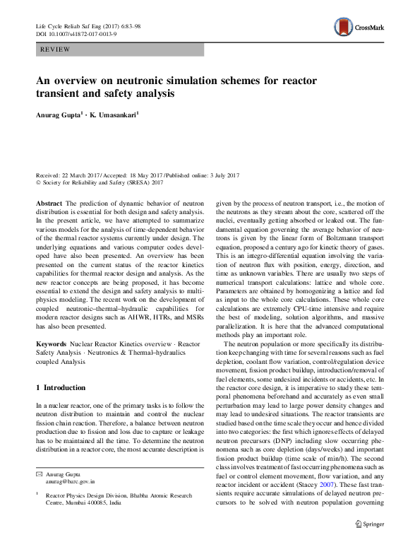 Pdf An Overview On Neutronic Simulation Schemes For Reactor Transient And Safety Analysis