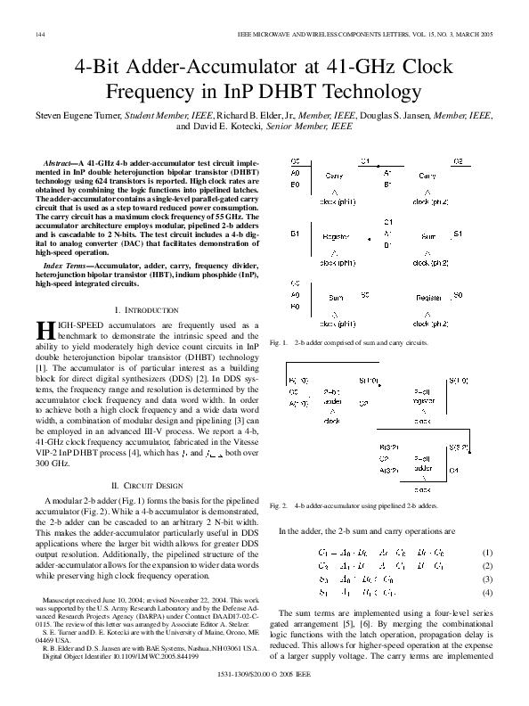 (PDF) 4-bit adder-accumulator at 41-GHz clock frequency in InP DHBT ...