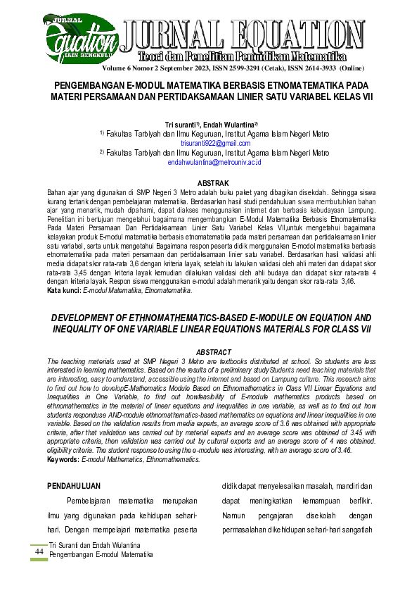 (PDF) Pengembangan E-Modul matematika berbasis etnomatematika pada materi persamaan dan ...