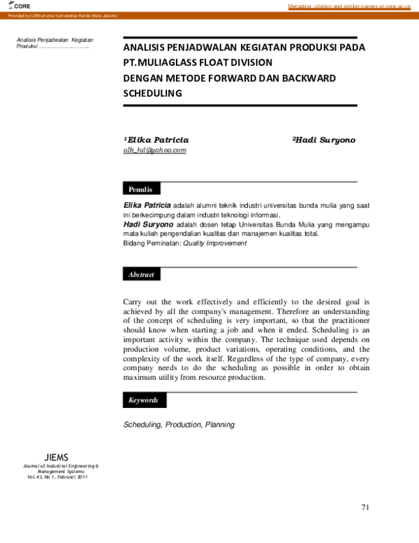 (PDF) Analisis Penjadwalan Kegiatan Produksi pada PT. Muliaglass Float Division dengan Metode ...