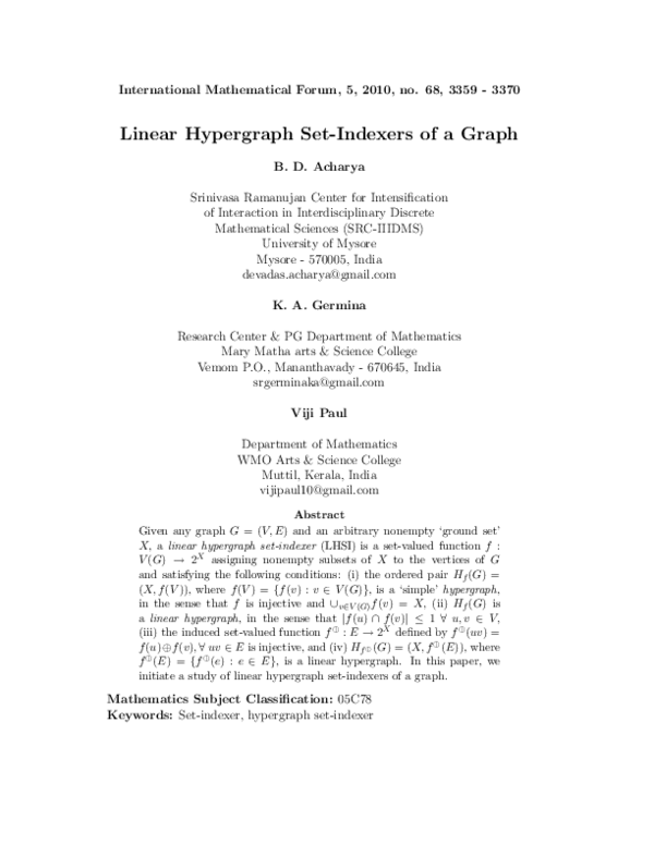 (PDF) Linear Hypergraph Set-Indexers of a Graph