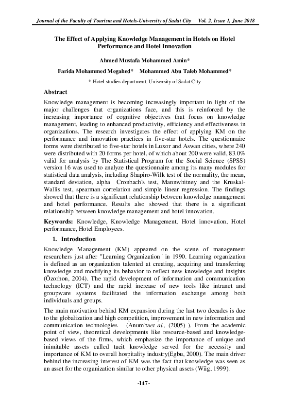 (PDF) The Effect of Applying Knowledge Management in Hotels on Hotel Performance and Hotel ...
