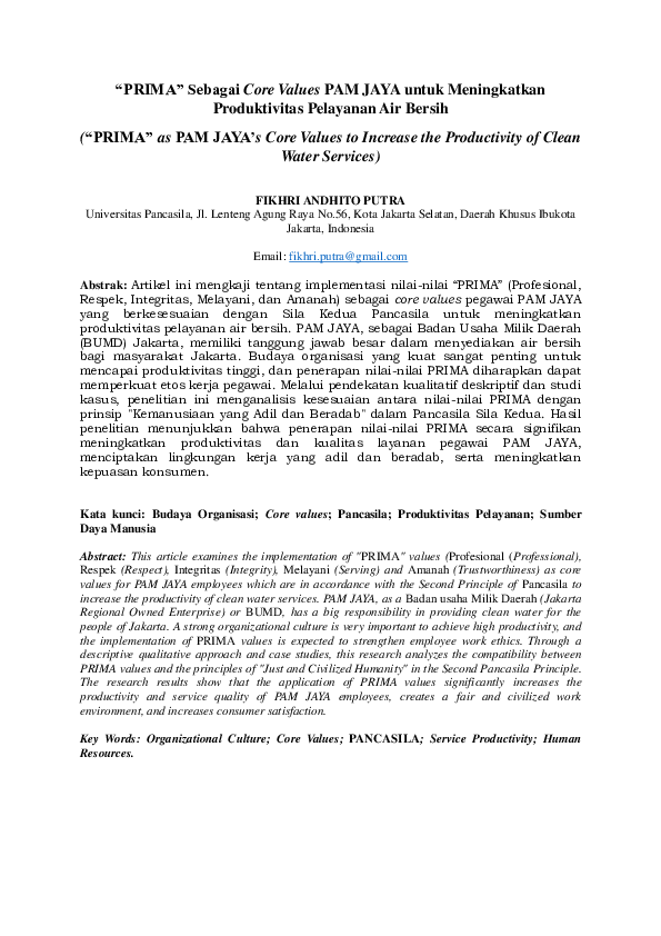 (PDF) "PRIMA" Sebagai Core Values PAM JAYA untuk Meningkatkan ...