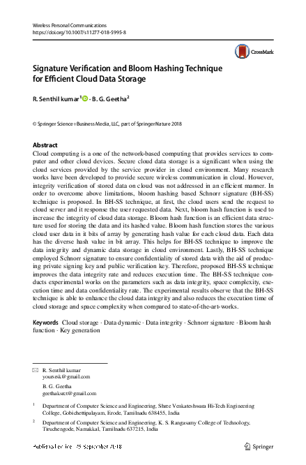 (PDF) Signature Verification and Bloom Hashing Technique for Efficient Cloud Data Storage