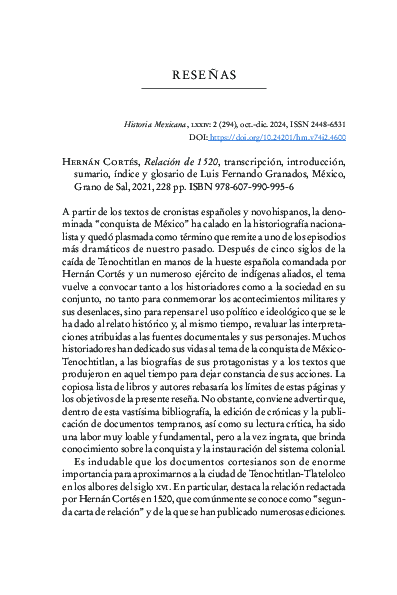 (PDF) Sobre Hernán Cortés, Relación de 1520
