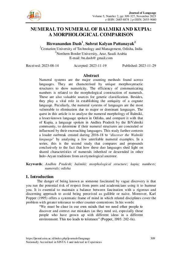 (PDF) Numeral to Numeral of Balmiki and Kupia: A Morphological Comparison