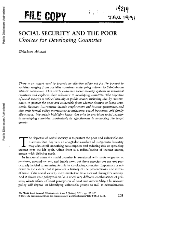 (PDF) SOCIAL SECURITY AND THE POOR: Choices for Developing Countries